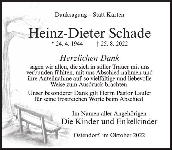 Heinz-Dieter Schade: Danksagung : Bremervörder Zeitung Heinz-Dieter Schade: Danksagung : Bremervörder Zeitung