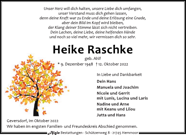 Heike Raschke : Traueranzeige : Niederelbe-Zeitung