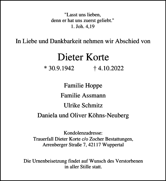 Dieter Korte: Traueranzeige : Westdeutsche Zeitung