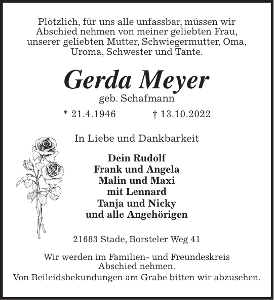 Gerda Meyer: Traueranzeige : Stader Tageblatt