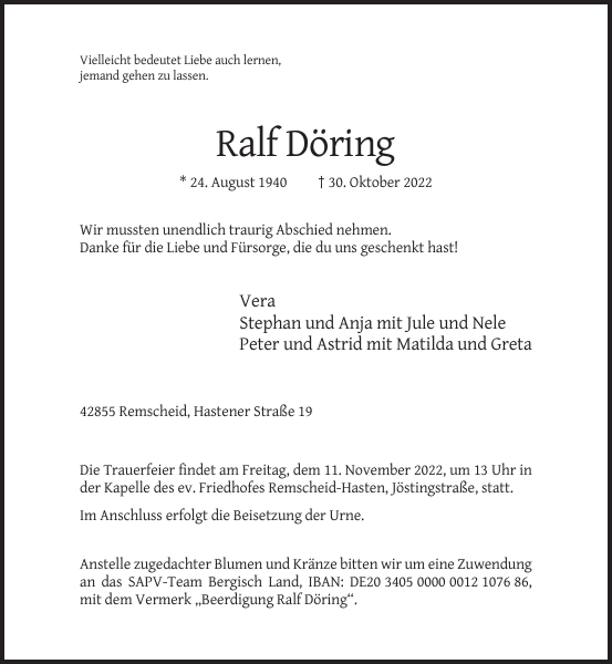 Ralf Döring: Traueranzeige : Remscheider General-Anzeiger