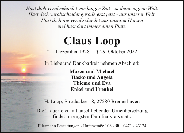Claus Loop : Gedenken : Nordsee-Zeitung