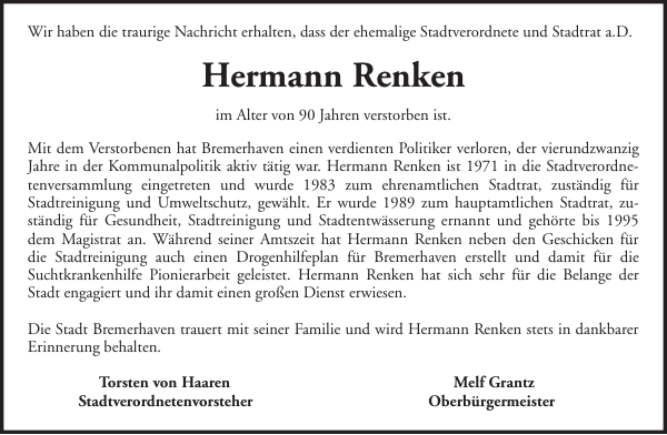 Hermann Renken: Nachruf : Nordsee-Zeitung