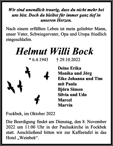 Helmut Willi Bock: Traueranzeige : Landeszeitung Helmut Willi Bock: Traueranzeige : Landeszeitung