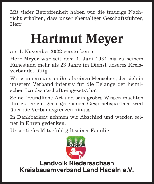 Hartmut Meyer: Gedenken : Niederelbe-Zeitung