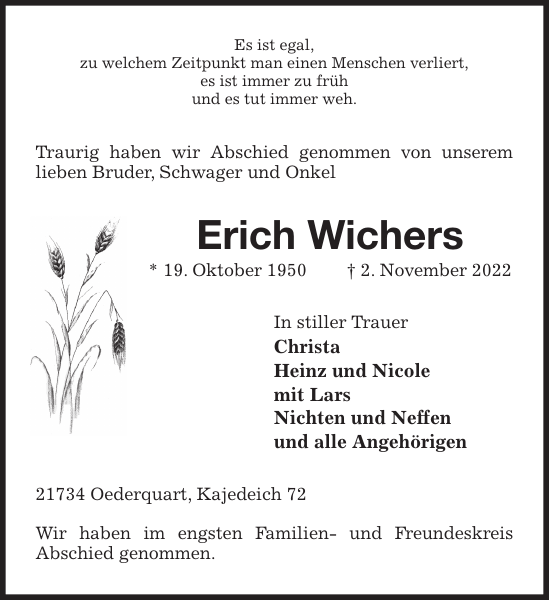 Erich Wichers: Traueranzeige : Stader Tageblatt