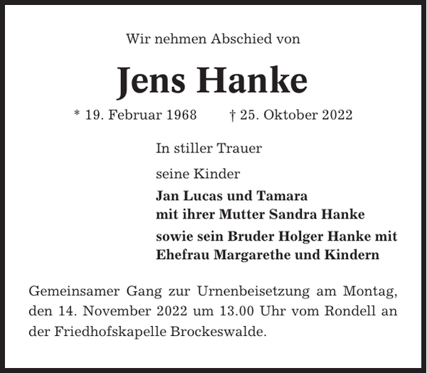Jens Hanke: Traueranzeige : Cuxhavener Nachrichten