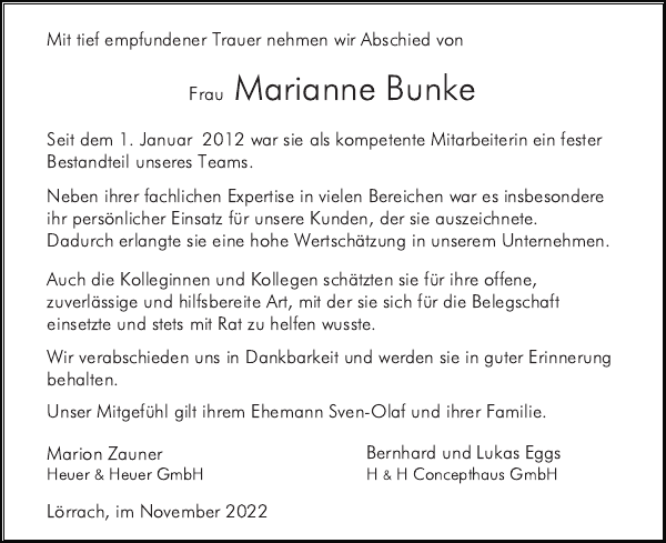 Marianne Bunke: Traueranzeige : Badische Zeitung