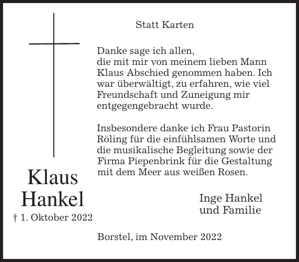 Klaus Hankel : Danksagung : Stader Tageblatt