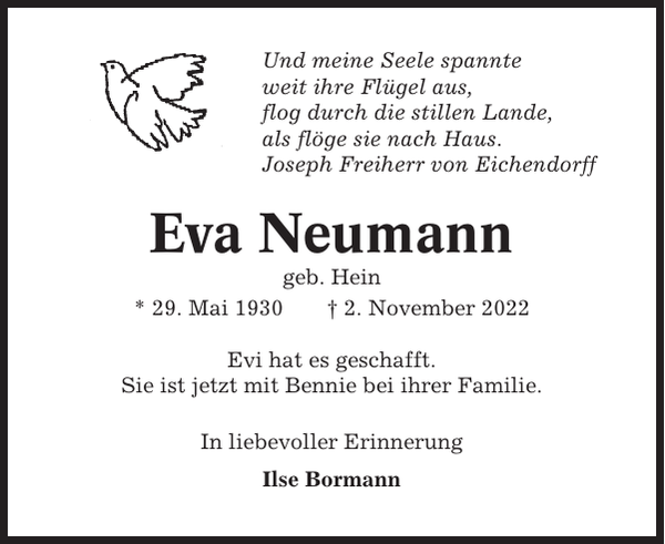 Eva Neumann: Traueranzeige : Cuxhavener Nachrichten