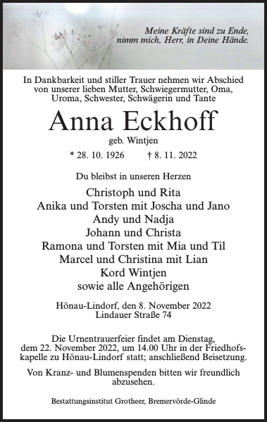 Anna Eckhoff: Traueranzeige : Bremervörder Zeitung