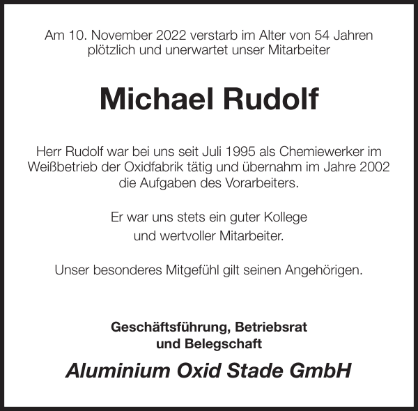 Michael Rudolf: Nachruf : Stader Tageblatt