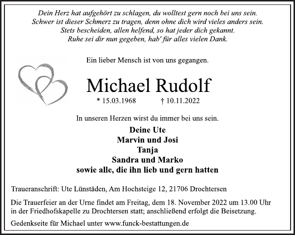 Michael Rudolf: Traueranzeige : Stader Tageblatt