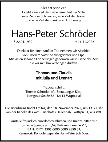 Hans-Peter Schröder: Traueranzeige : Westdeutsche Zeitung