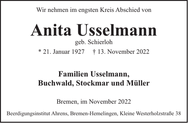 Anita Usselmann: Gedenken : Nordsee-Zeitung