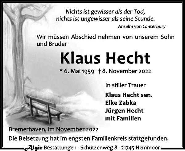 Klaus Hecht : Traueranzeige : Niederelbe-Zeitung