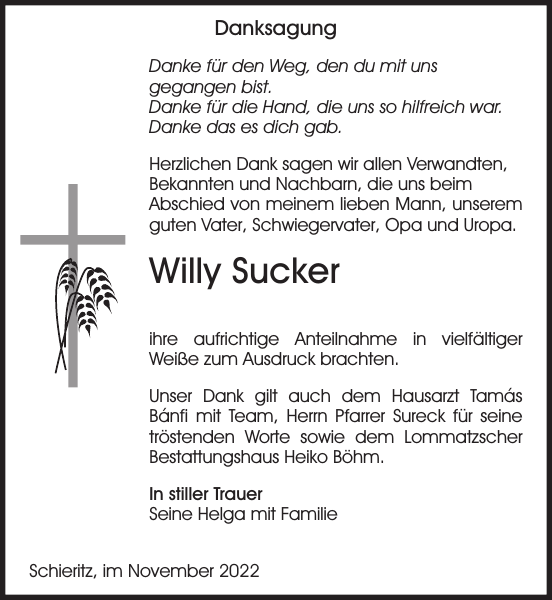 Willy Sucker : Danksagung : Sächsische Zeitung