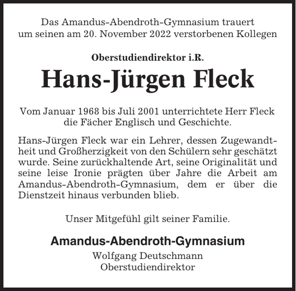 Hans-Jürgen Fleck : Gedenken : Cuxhavener Nachrichten