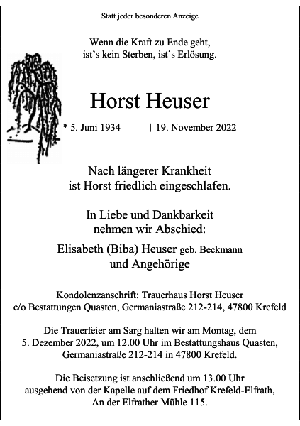Horst Heuser: Traueranzeige : Westdeutsche Zeitung