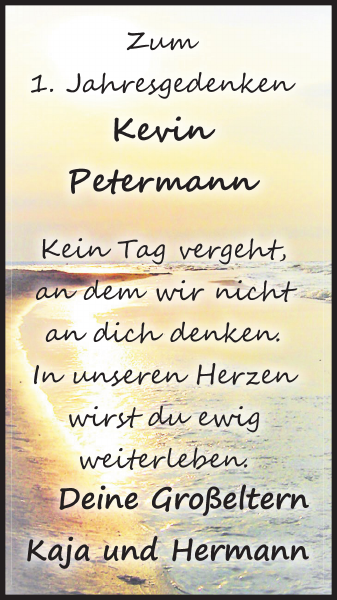Kevin Petermann: Traueranzeige : Stader Tageblatt