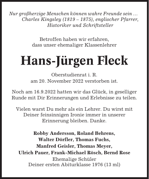 Hans-Jürgen Fleck : Traueranzeige : Cuxhavener Nachrichten