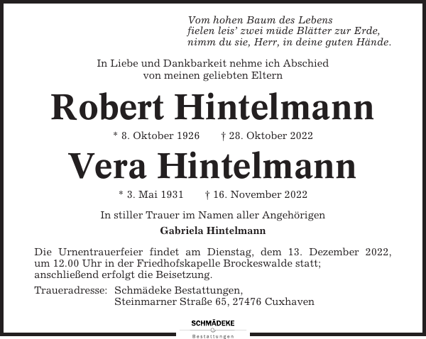 Robert Hintelmann, Vera Hintelmann : Traueranzeige : Cuxhavener Nachrichten