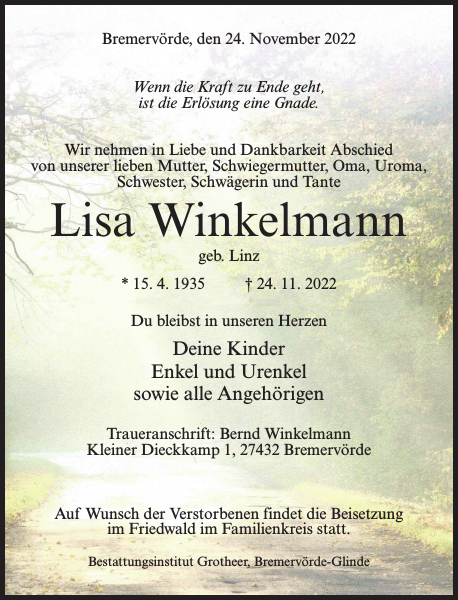 Lisa Winkelmann: Traueranzeige : Bremervörder Zeitung