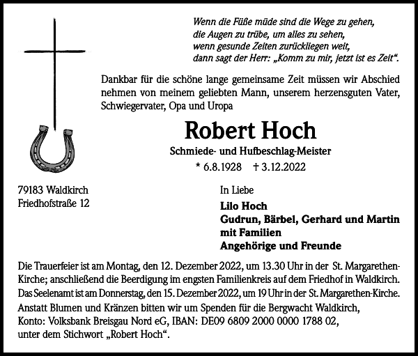 Robert Hoch: Traueranzeige : Badische Zeitung