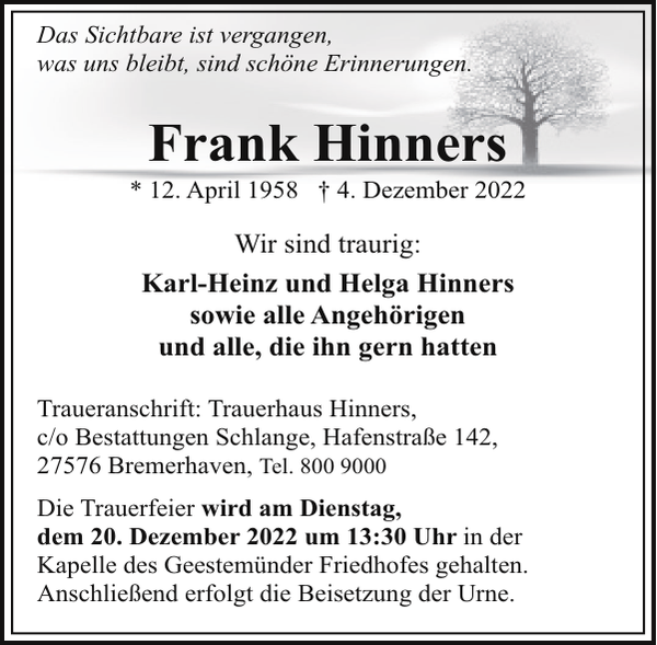 Frank Hinners: Gedenken : Nordsee-Zeitung