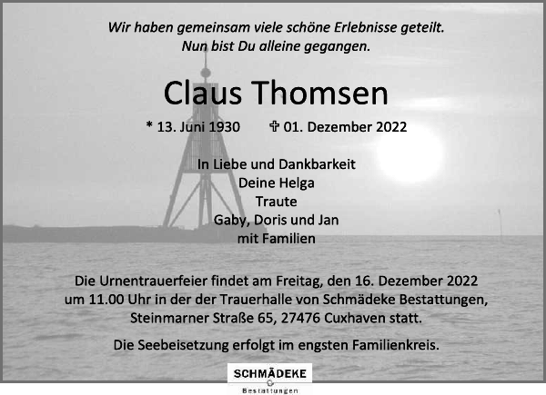 Claus Thomsen: Fallecimiento : Cuxhavener Nachrichten