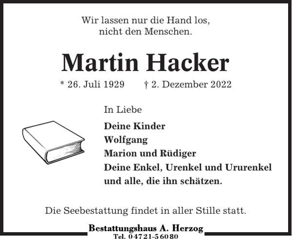 Martin Hacker: Traueranzeige : Cuxhavener Nachrichten