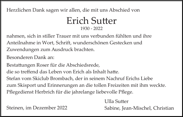 Erich Sutter: Danksagung : Badische Zeitung