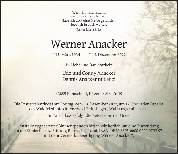 Werner Anacker : Traueranzeige : Remscheider General-Anzeiger