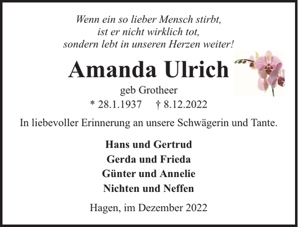 Amanda Ulrich: Nachruf : Nordsee-Zeitung