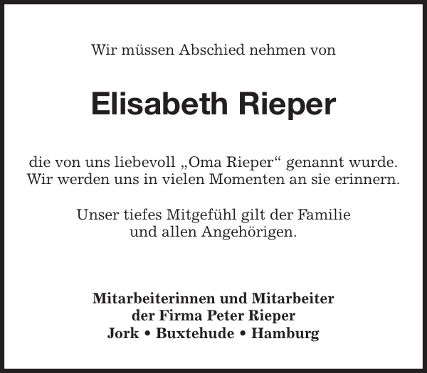 Elisabeth Rieper: Nachruf : Stader Tageblatt
