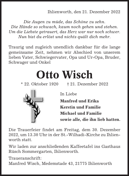 Otto Wisch: Traueranzeige : Niederelbe-Zeitung