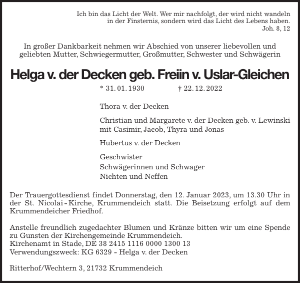 Helga v. der Decken geb.Freiin v.Uslar-Gleichen: Traueranzeige : Stader ...