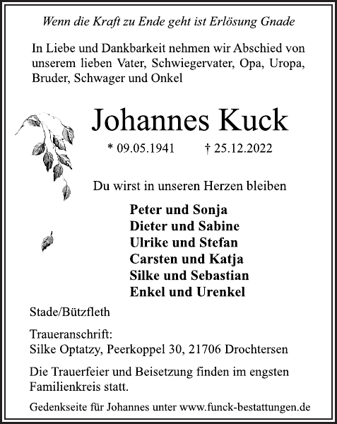 Johannes Kuck: Traueranzeige : Stader Tageblatt