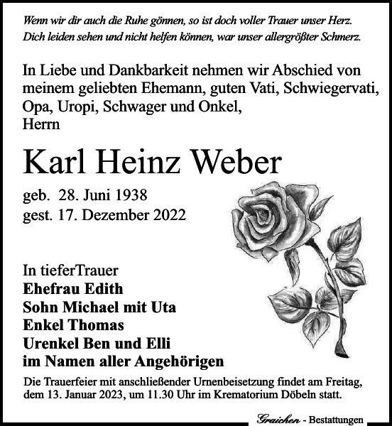 Karl Heinz Weber: Traueranzeige : Sächsische Zeitung Karl Heinz Weber: Traueranzeige : Sächsische Zeitung