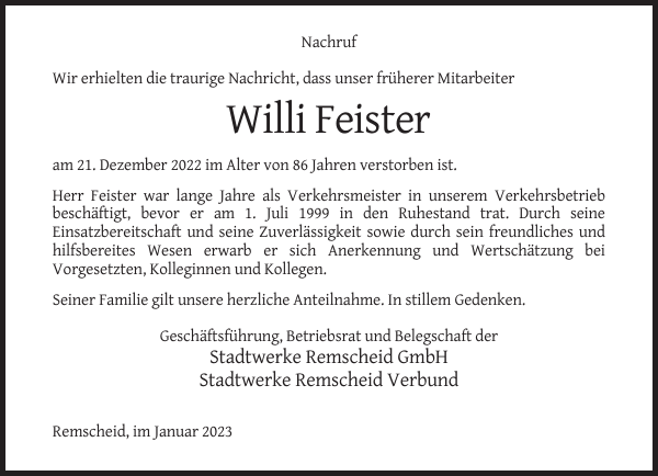 Wili Feister: Traueranzeige : Remscheider General-Anzeiger