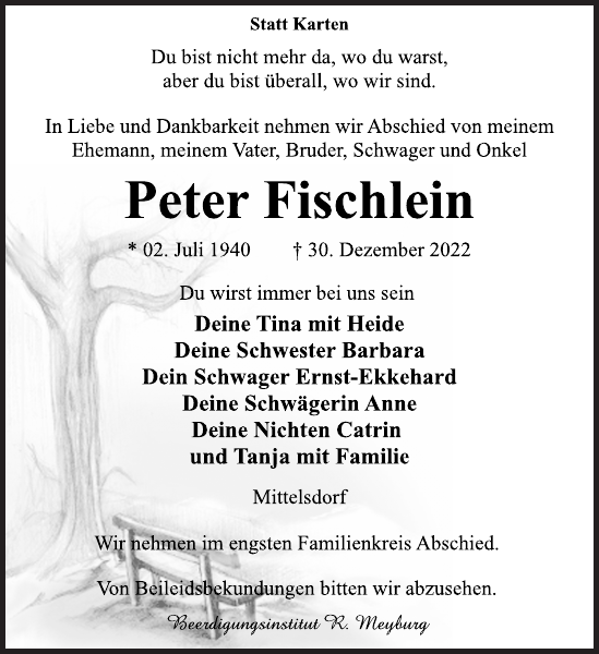 Peter Fischlein: Traueranzeige : Stader Tageblatt