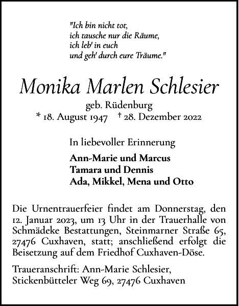 Monika Marlen Schlesier: Traueranzeige : Norddeutsche Rundschau Monika Marlen Schlesier: Traueranzeige : Norddeutsche Rundschau