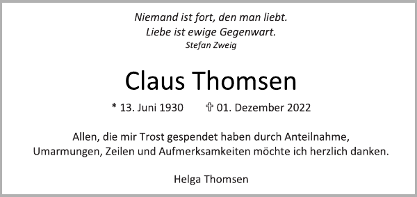 Claus Thomsen: Danksagung : Cuxhavener Nachrichten