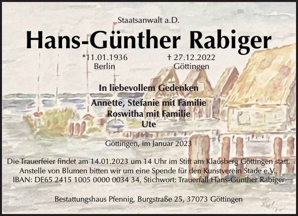 Hans-Guenther Rabiger: Traueranzeige : Stader Tageblatt