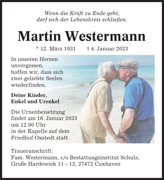 Martin Westermann: Traueranzeige : Cuxhavener Nachrichten