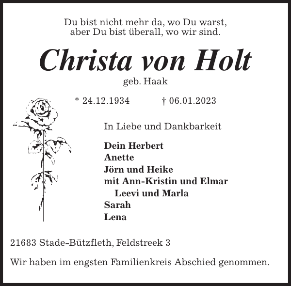 Christa von Holt: Traueranzeige : Stader Tageblatt