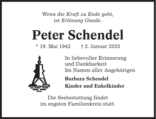 Peter Schendel: Traueranzeige : Cuxhavener Nachrichten