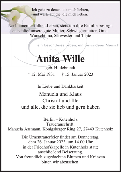 Anita Wille: Traueranzeige : Stader Tageblatt