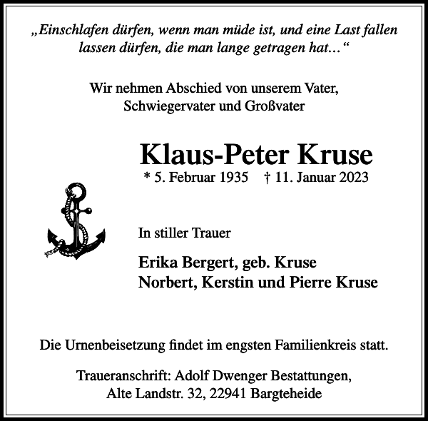 Klaus-Peter Kruse: Traueranzeige : Stormarner Tageblatt