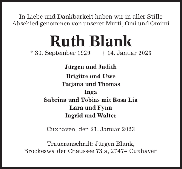 Ruth Blank: Traueranzeige : Cuxhavener Nachrichten